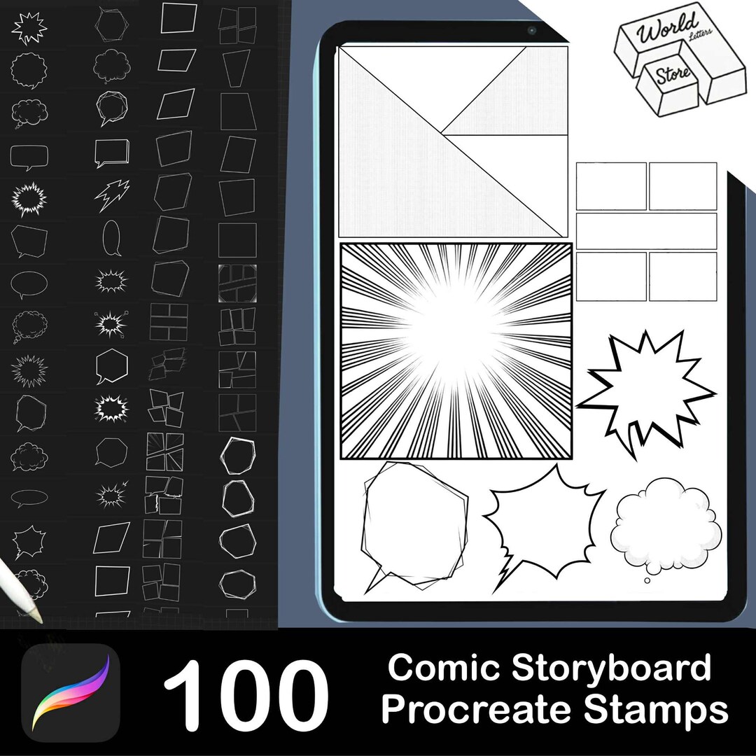 Procreate Comic Storyboard Template Builder: 100 Pop Art Bubble Stamp ...