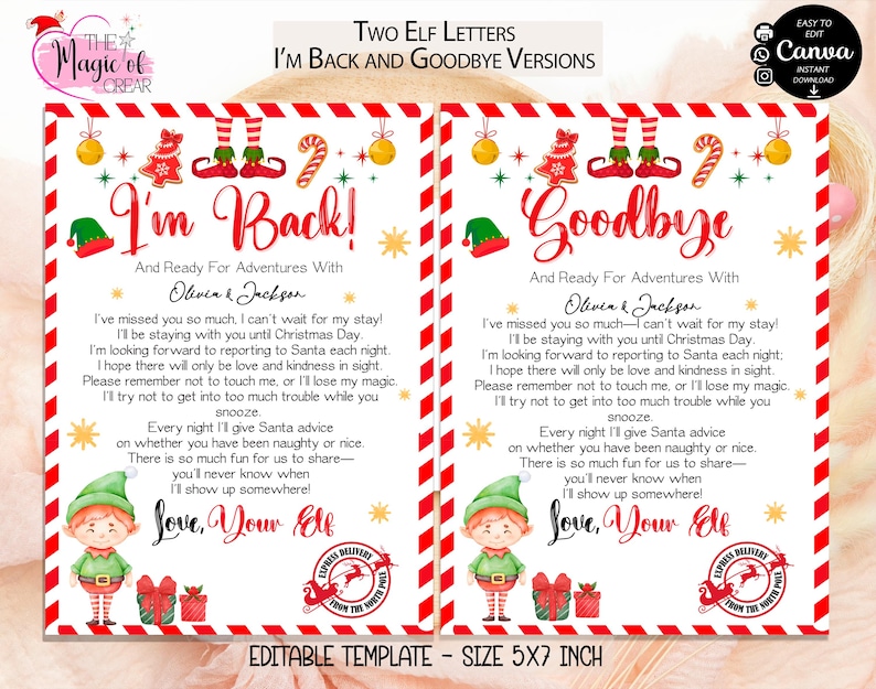Elf Letters Bundle – I’m Back + Goodbye | Editable Canva Template ...