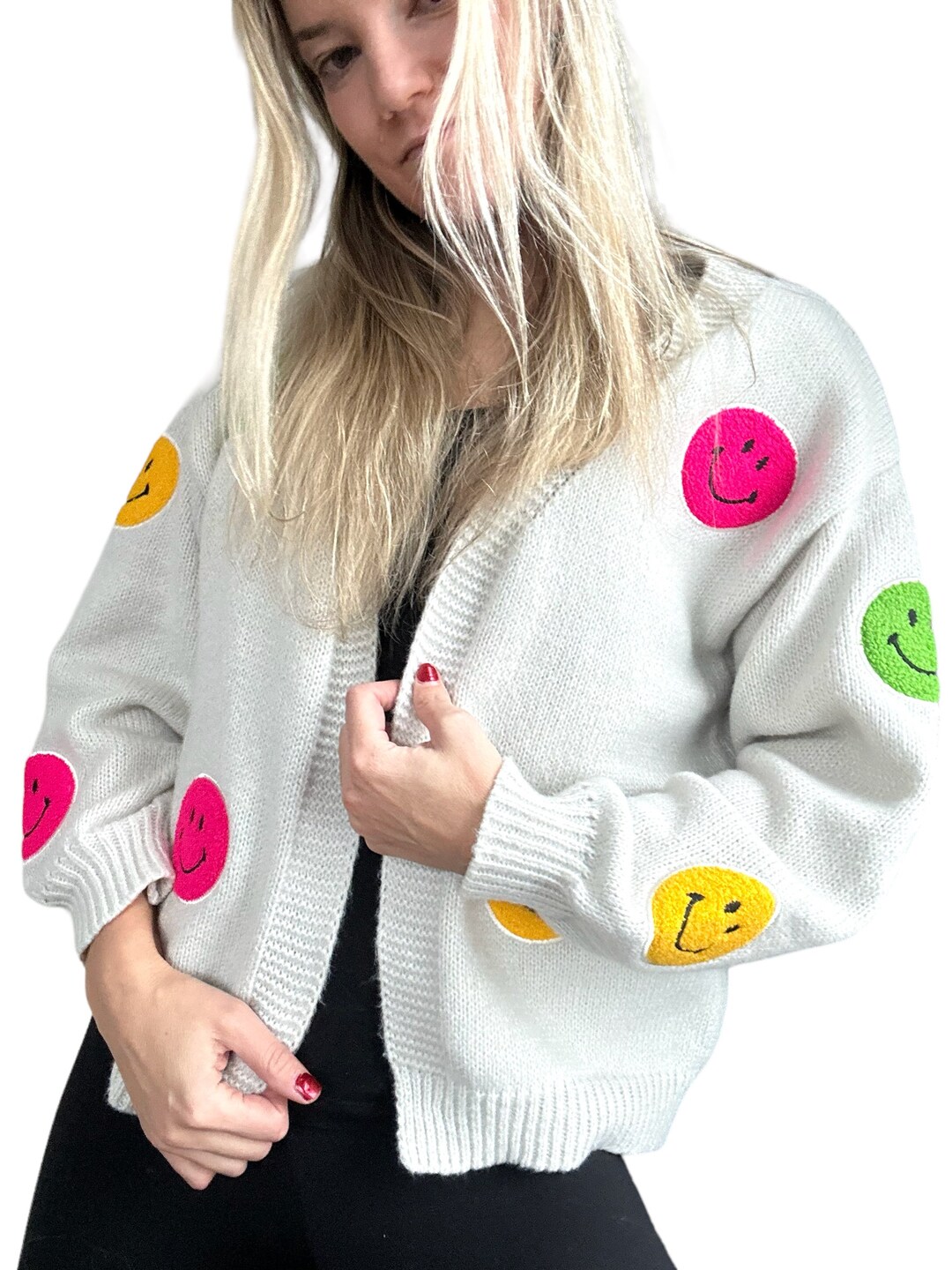 Colorful Smiley Face Embroidered Patch Knit Cozy Cardigan One Size Fits ...