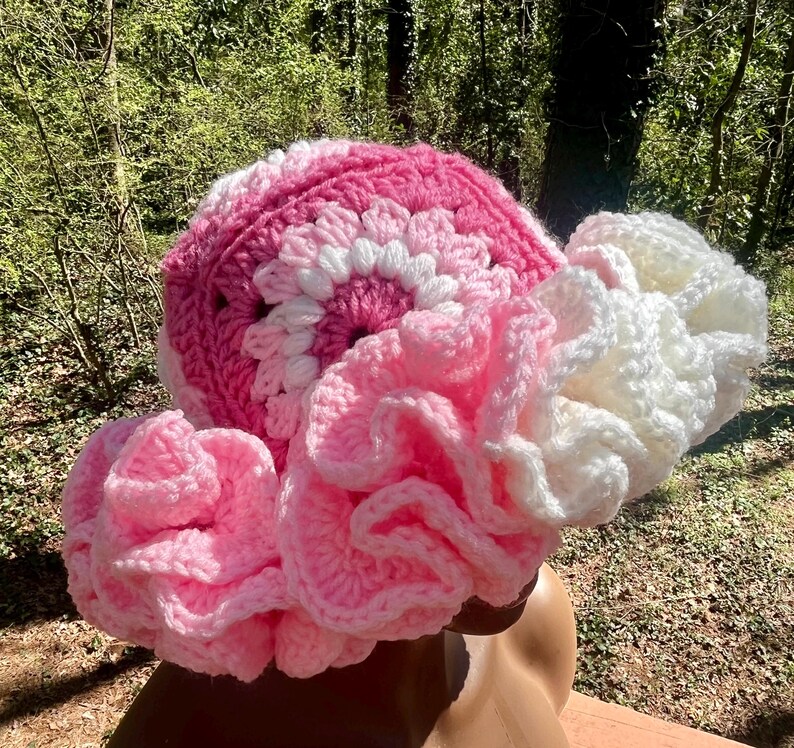 Handmade Crochet Granny Square Ruffle Hat – Statement Ruffle Bucket Hat ...