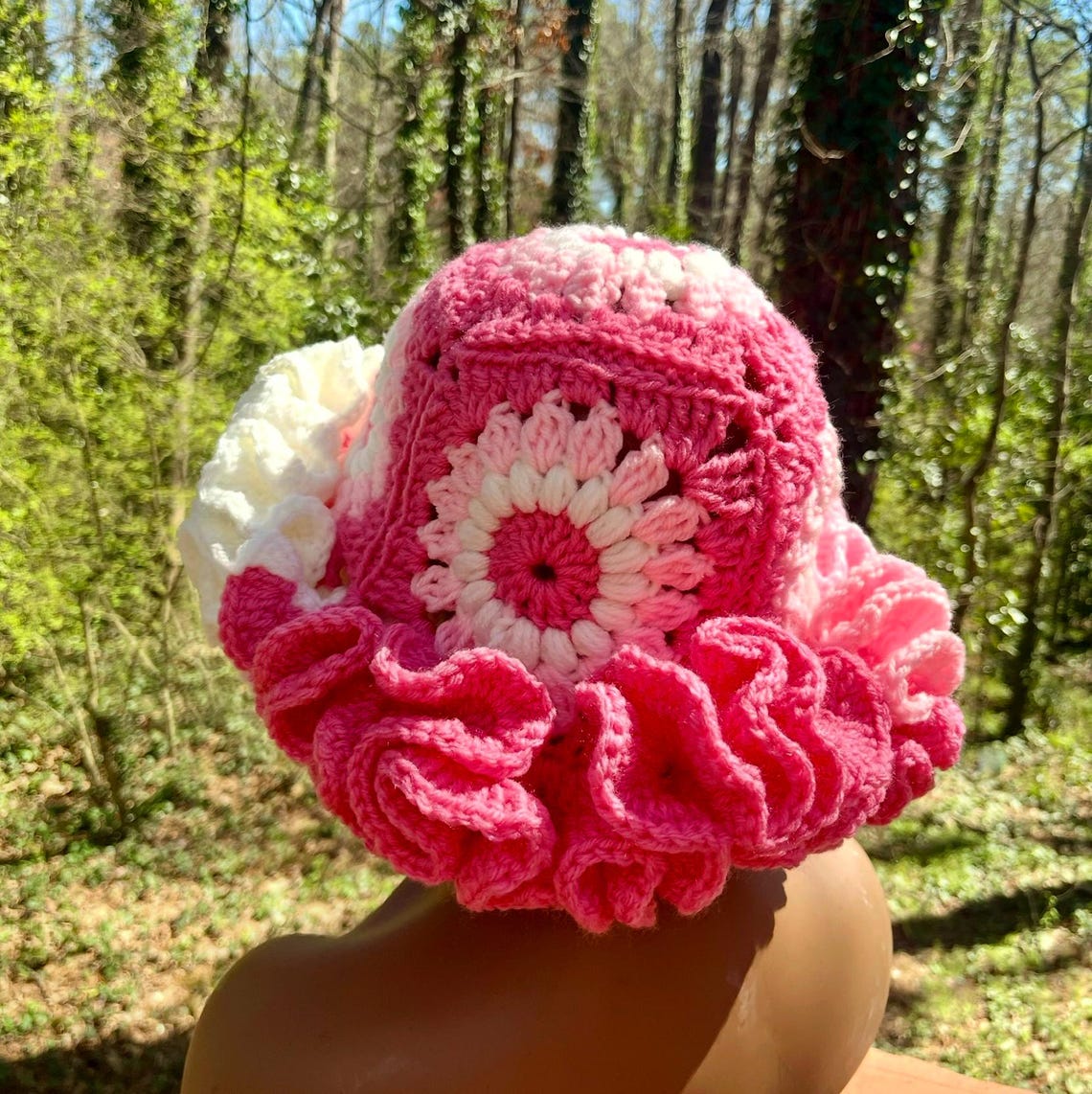 Handmade Crochet Granny Square Ruffle Hat – Statement Ruffle Bucket Hat ...