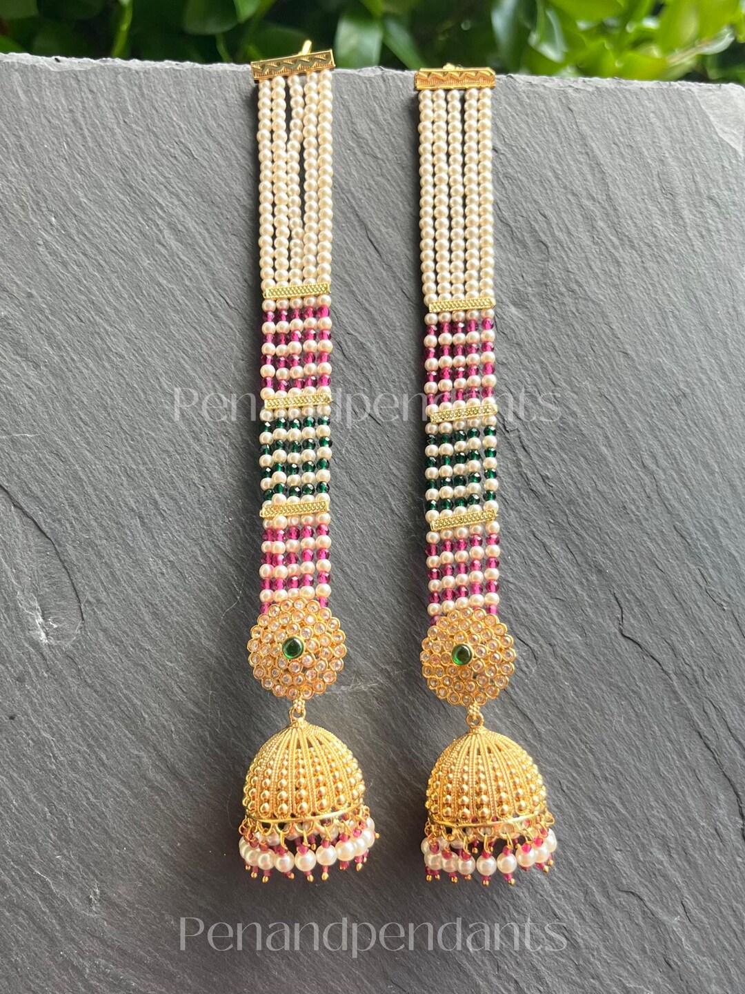 Gold Plated Jhumkas With Pearl Ear Chain | Antique Gold Plated Jhumkis ...
