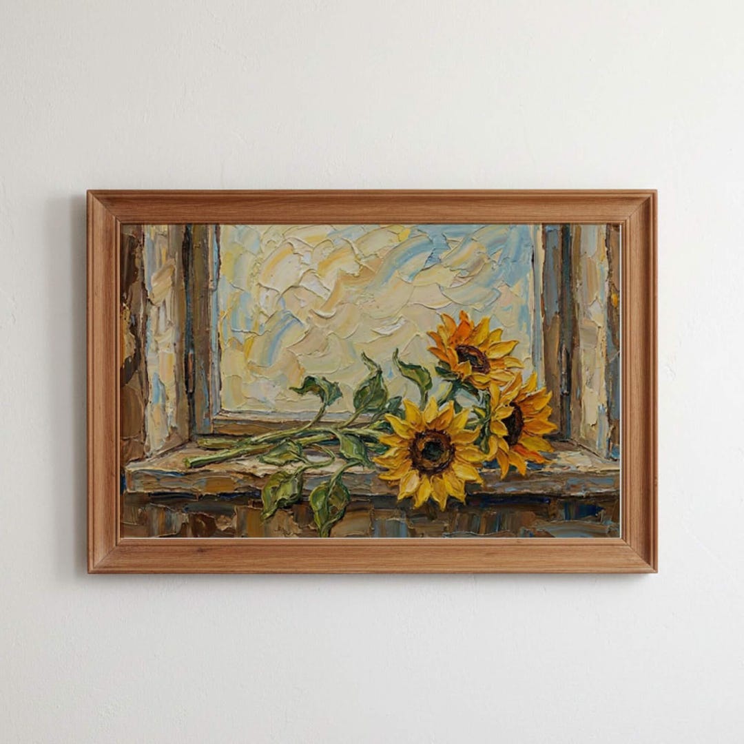 Sunflower Impasto Painting, Rustic Window Sill, Frame TV Art (digital ...