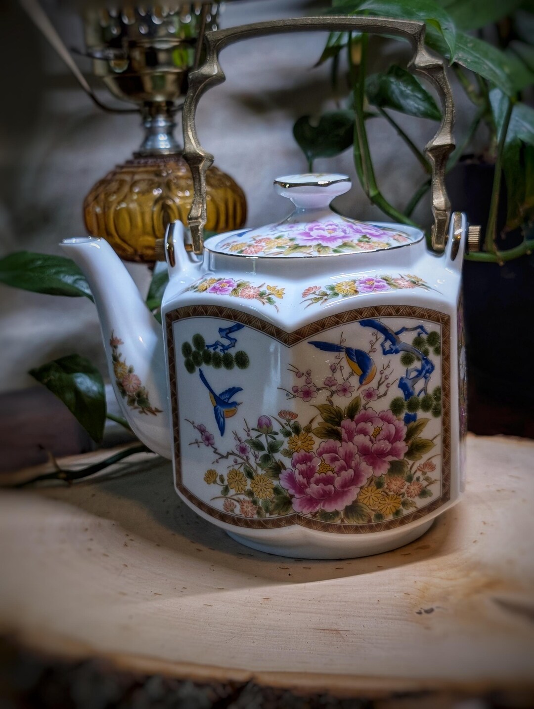 Vintage Japanese Porcelain Teapot – Floral & Bird Motif With Brass ...