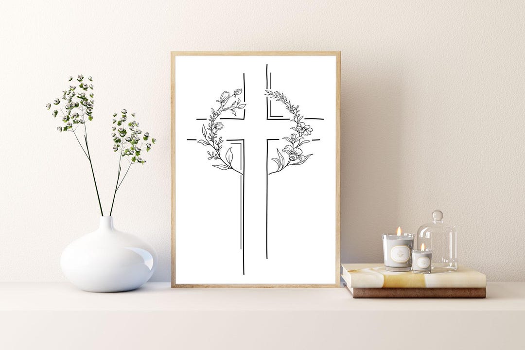 Line Art Cross With Magnolia Flowers - Etsy