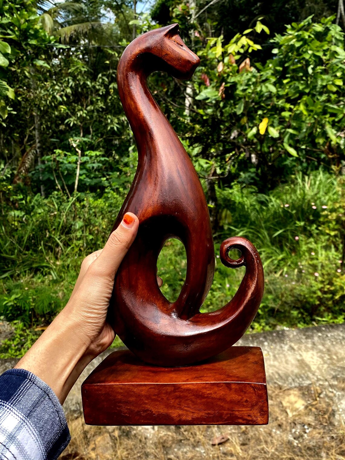 Hand-carved Wooden Cat Sculpture: Abstract Curl Tail, Natural Wood ...