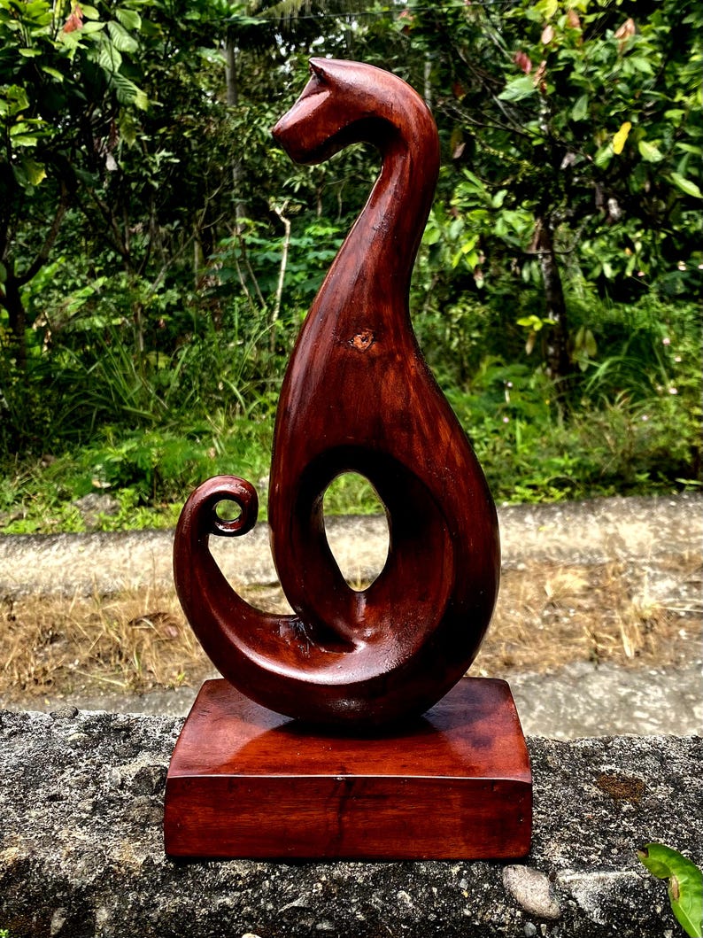 Hand-carved Wooden Cat Sculpture: Abstract Curl Tail, Natural Wood ...