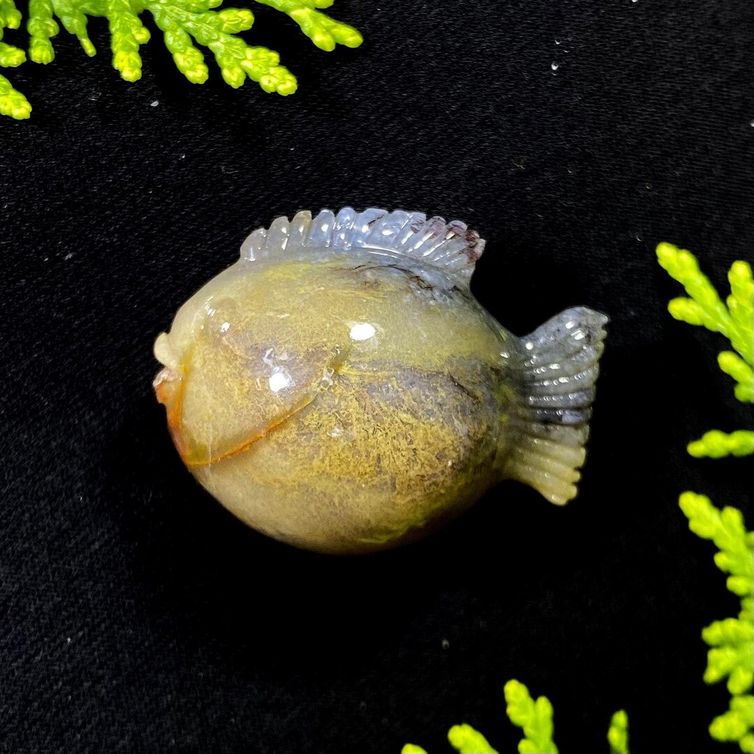 Hand-carved Moss Agate Puffer Fish Figurine - Natural Gemstone Carving ...