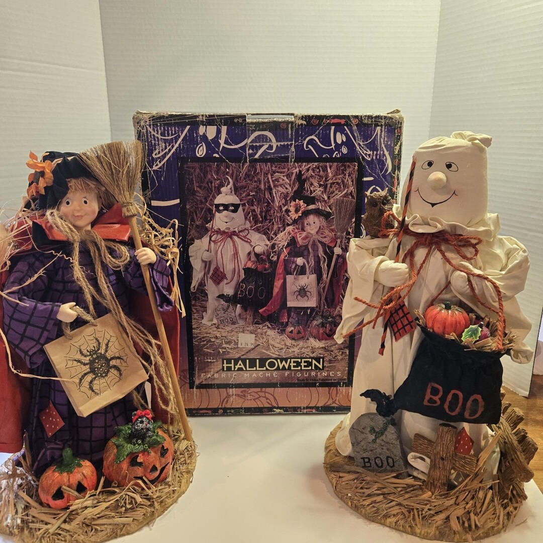 Vtg Nos Halloween Witch & Ghost Resin Fabric Mache Statue Figure Large ...