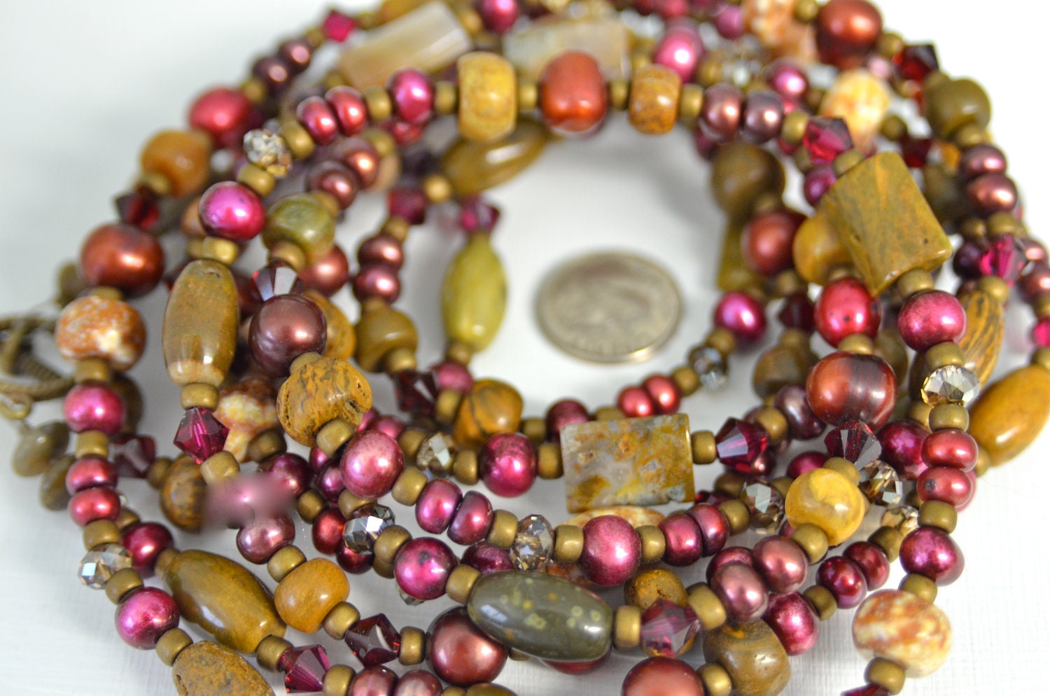 Extra Long Red Necklace With Ocean Jasper and Freshwater Pearls ...