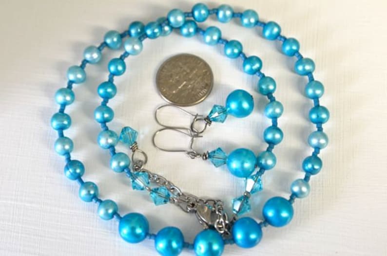 Turquoise Pearl Necklace and Earring SET With Light Aqua Blue ...