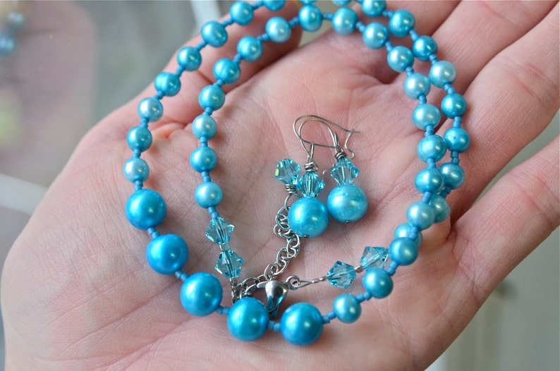 Turquoise Pearl Necklace and Earring SET With Light Aqua Blue ...