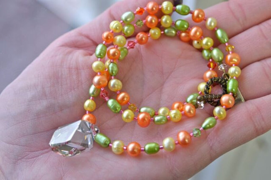 Tropical Pearl and Crystal Necklace With Banana, Mango, Lime and ...