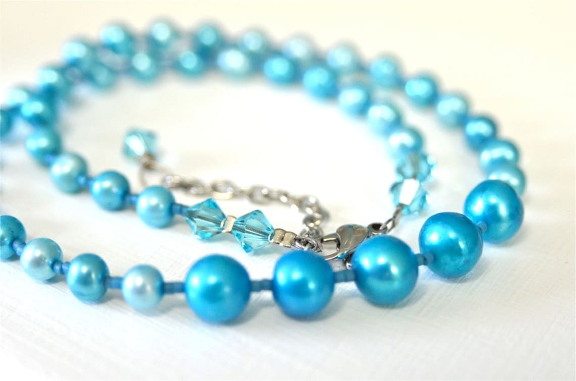 Turquoise Pearl Necklace and Earring SET With Light Aqua Blue ...