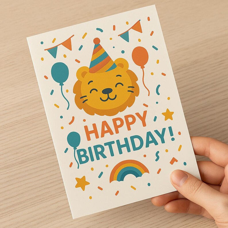 Kids Birthday Card Printable | Cute Lion Theme | A5 Foldable - Etsy