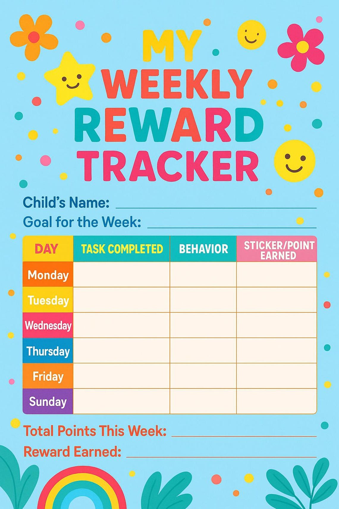 Weekly Reward Chart for Kids – Printable Behavior Tracker With Points ...