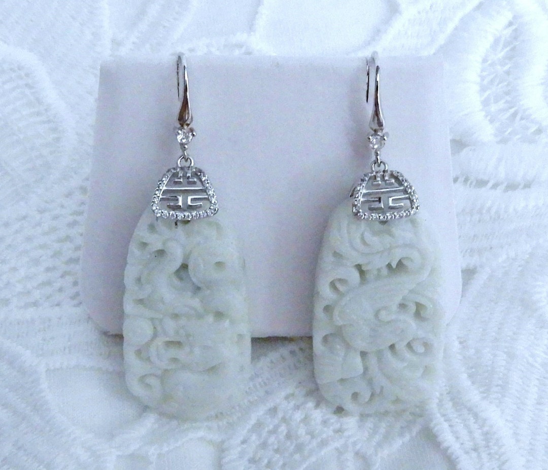 104cts Genuine China Jade Earrings, Almost White, Hand Carved Dragon ...