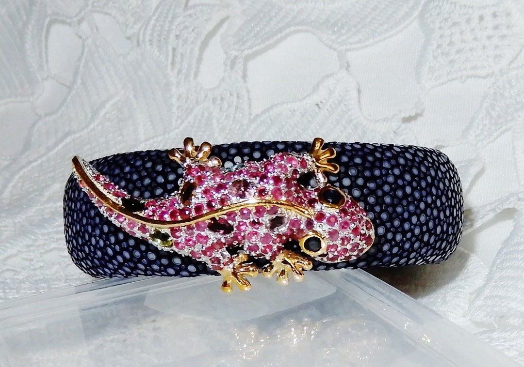 Ruby Lizard Blue Stingray Leather Cuff Bracelet Swarovski Swan Stamped ...