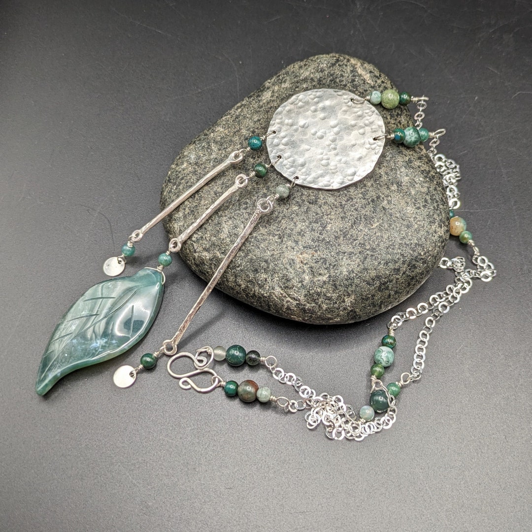 Unisex Sterling Silver and Green Jasper Necklace - Hammered Wind Chime ...