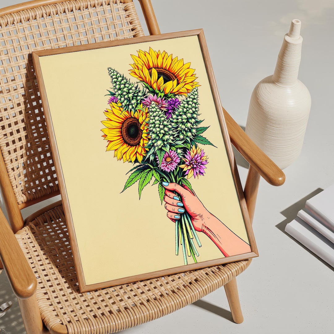 Weed and Sunflowers Art | Cannabis Bouquet Digital Drawing | Bold ...