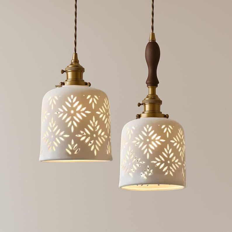 Matte White Ceramic Pendant Light: Vintage Brass Accent, Adjustable ...