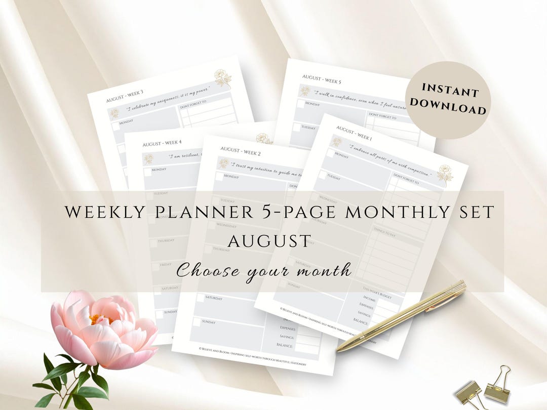 August Printable Weekly Planner - 5 Page Monthly Set, Motivational ...