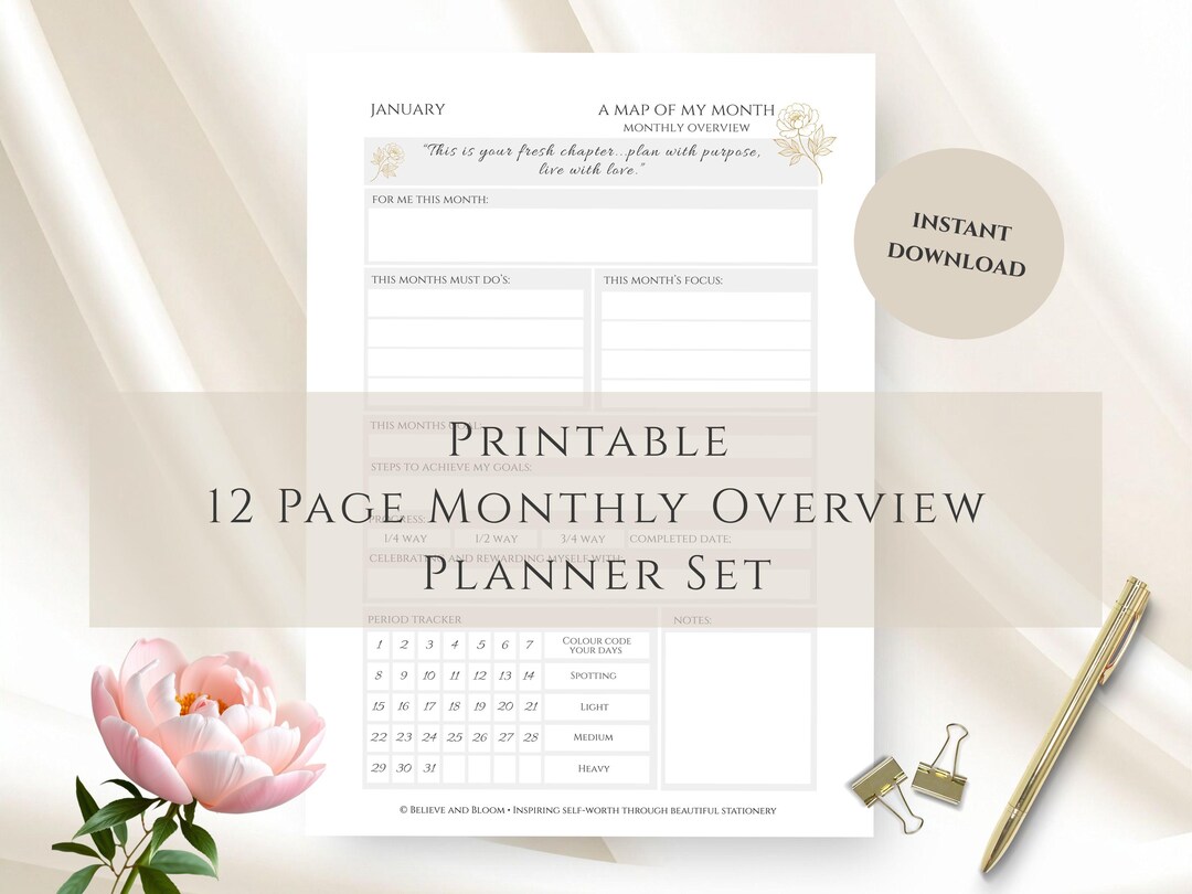 Printable 12 Monthly Overview Planner Page Set, Goals, Focus, Period ...