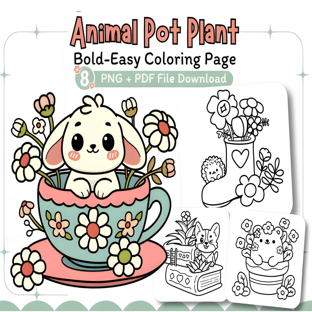 Cute Animal Pot Plant Coloring Pages, Kids Coloring Page - Etsy