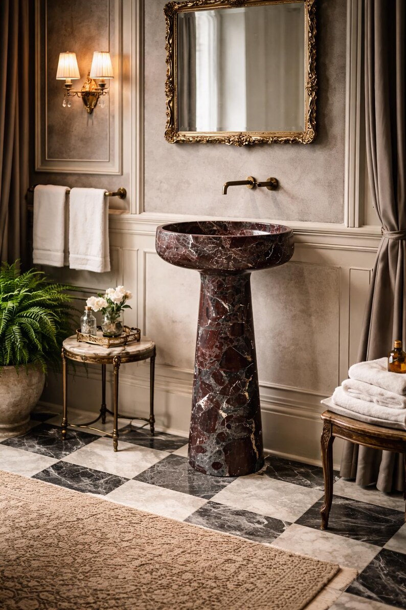Handcrafted Rosso Levanto Marble Pedestal Sink | Luxury Polished ...
