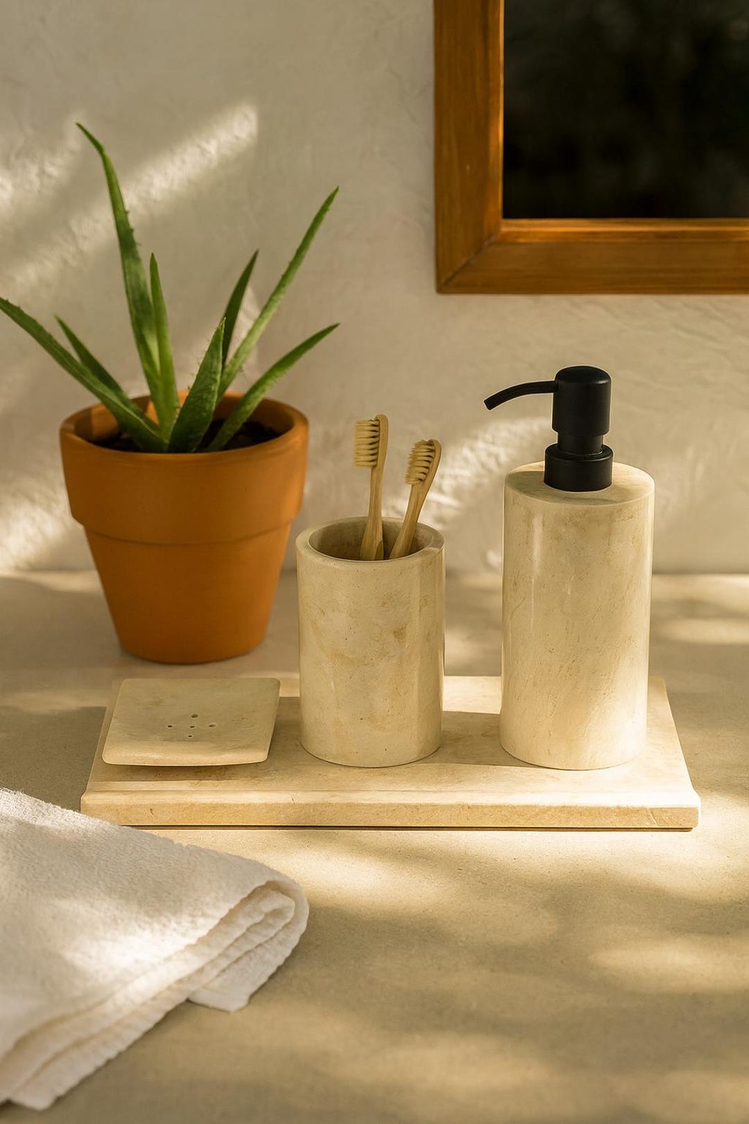 Beige Marble Bathroom Set | Stone Soap Dispenser & Tray - Etsy