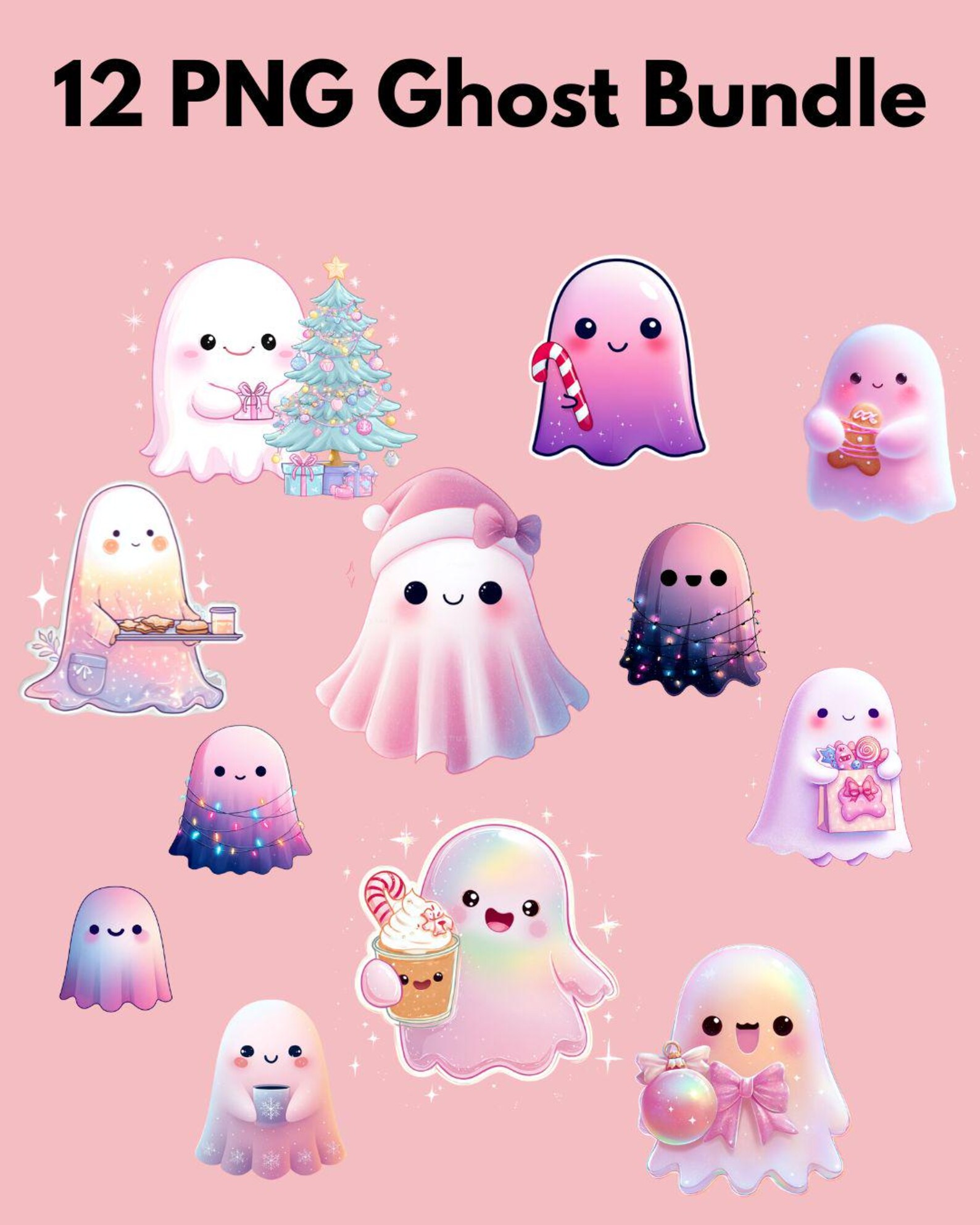 12 PNG Ghost Bundle | Kawaii Christmas Ghost Clipart | 300 DPI ...