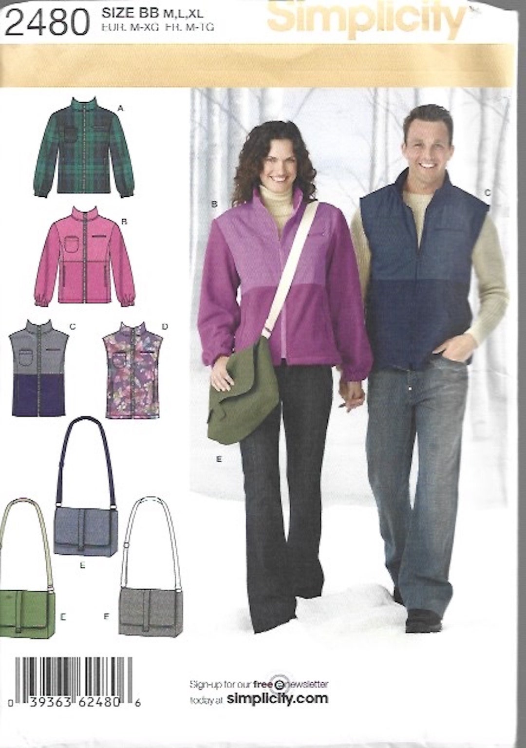 Simplicity 2480 Uni Sex Jacket Or Vest And Messenger Bag Pattern Sz M 7103