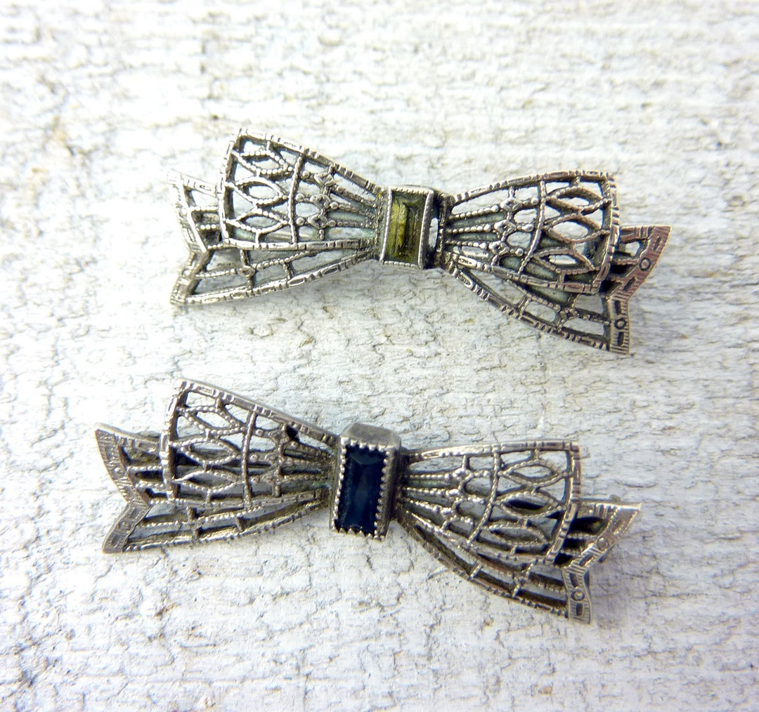 D5jc Pair of Antique Sterling Silver Filigree Brooch Bow Pins Faux ...