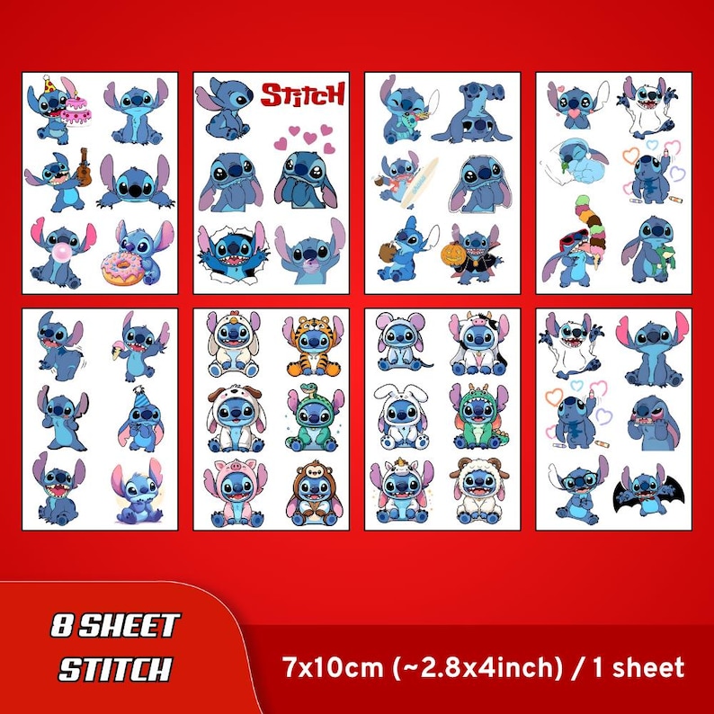 Stitch Cartoon Temporary Tattoos – 8 Sheet Set - Etsy