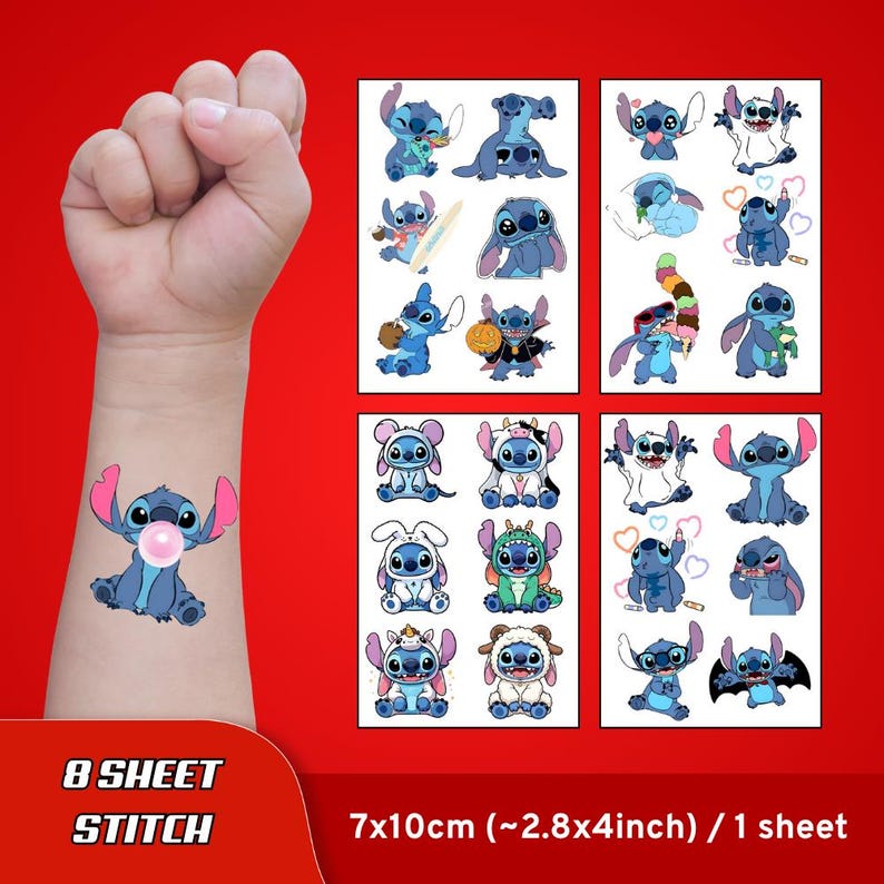 Stitch Cartoon Temporary Tattoos – 8 Sheet Set - Etsy