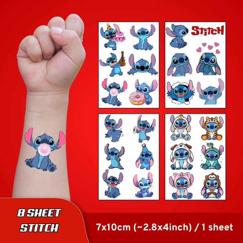 Stitch Cartoon Temporary Tattoos – 8 Sheet Set - Etsy