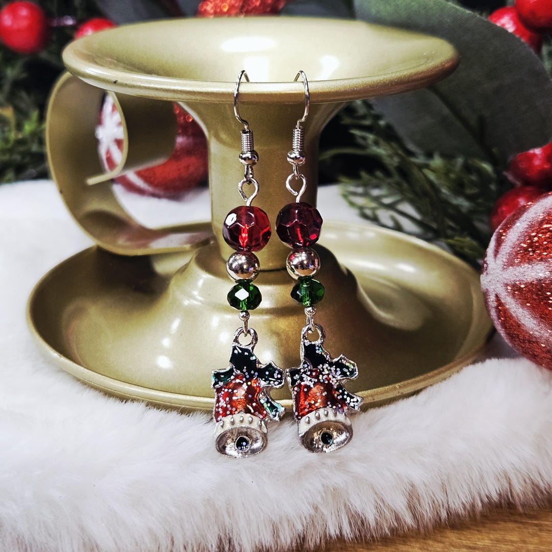 Handmade Christmas Jingle Bell Dangle Earrings | Red Green Glass Bead ...