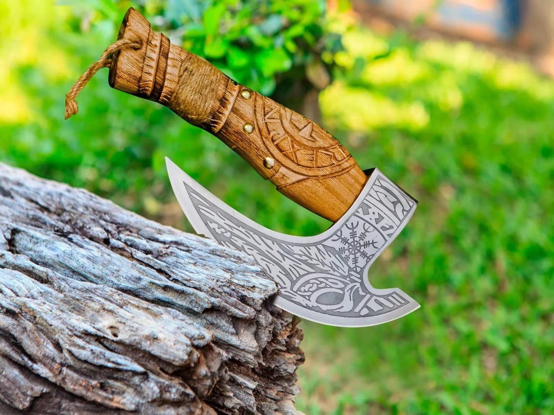 Hand Forged Pizza Cutter Axe: Rustic Carbon Steel Blade, Engraved Wood ...