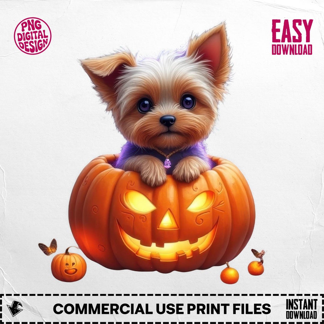 Cute Yorkie Dog Fall Pumpkin Digital Art Halloween Pet Graphic Spooky ...