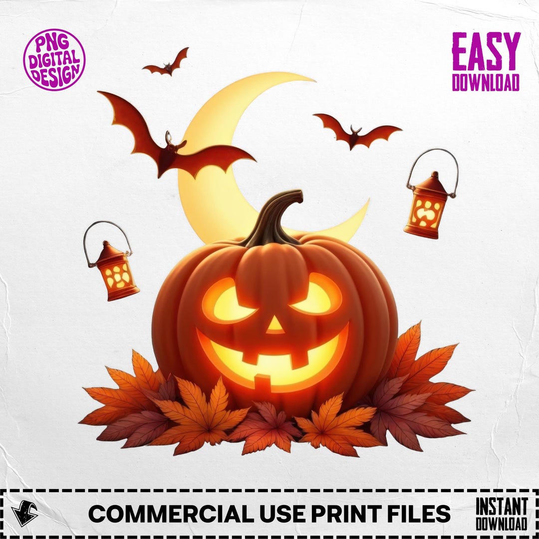 Halloween Jack O'lantern Graphic: Crescent Moon, Bats, Autumn Leaves ...