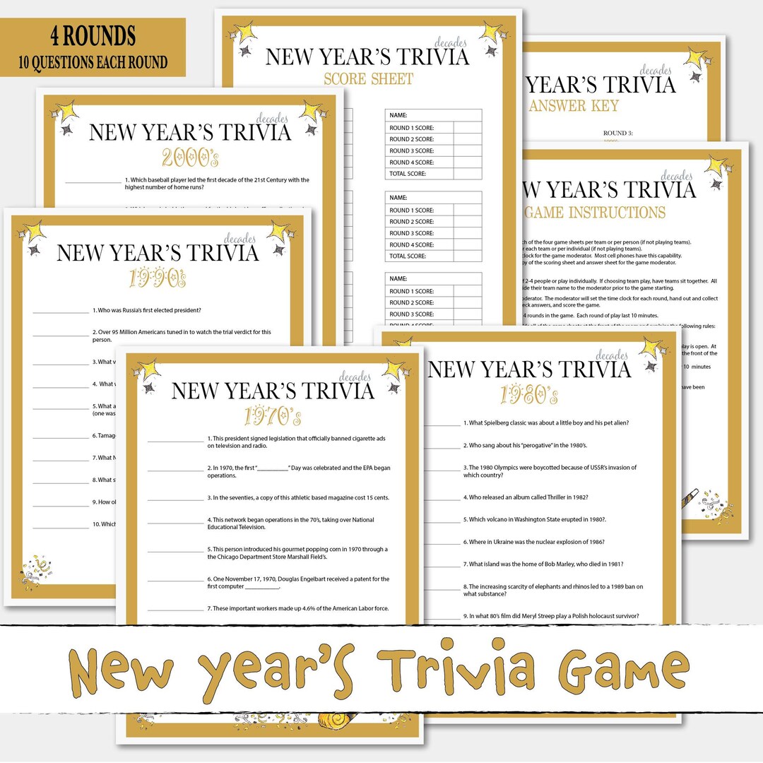 Printable New Year's Trivia Game 4 Rounds 40 Questions Complete Game ...