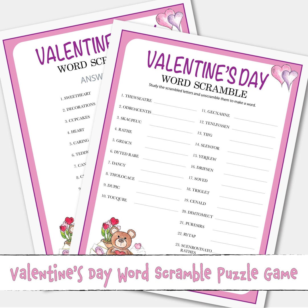 Valentine's Day Word Scramble Printable Puzzle Game Activity - Etsy