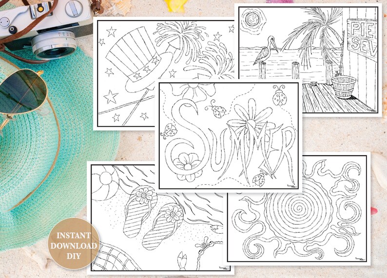 SUMMER SEASON Coloring Pages, 5 Coloring Sheets, Printable, Hand ...