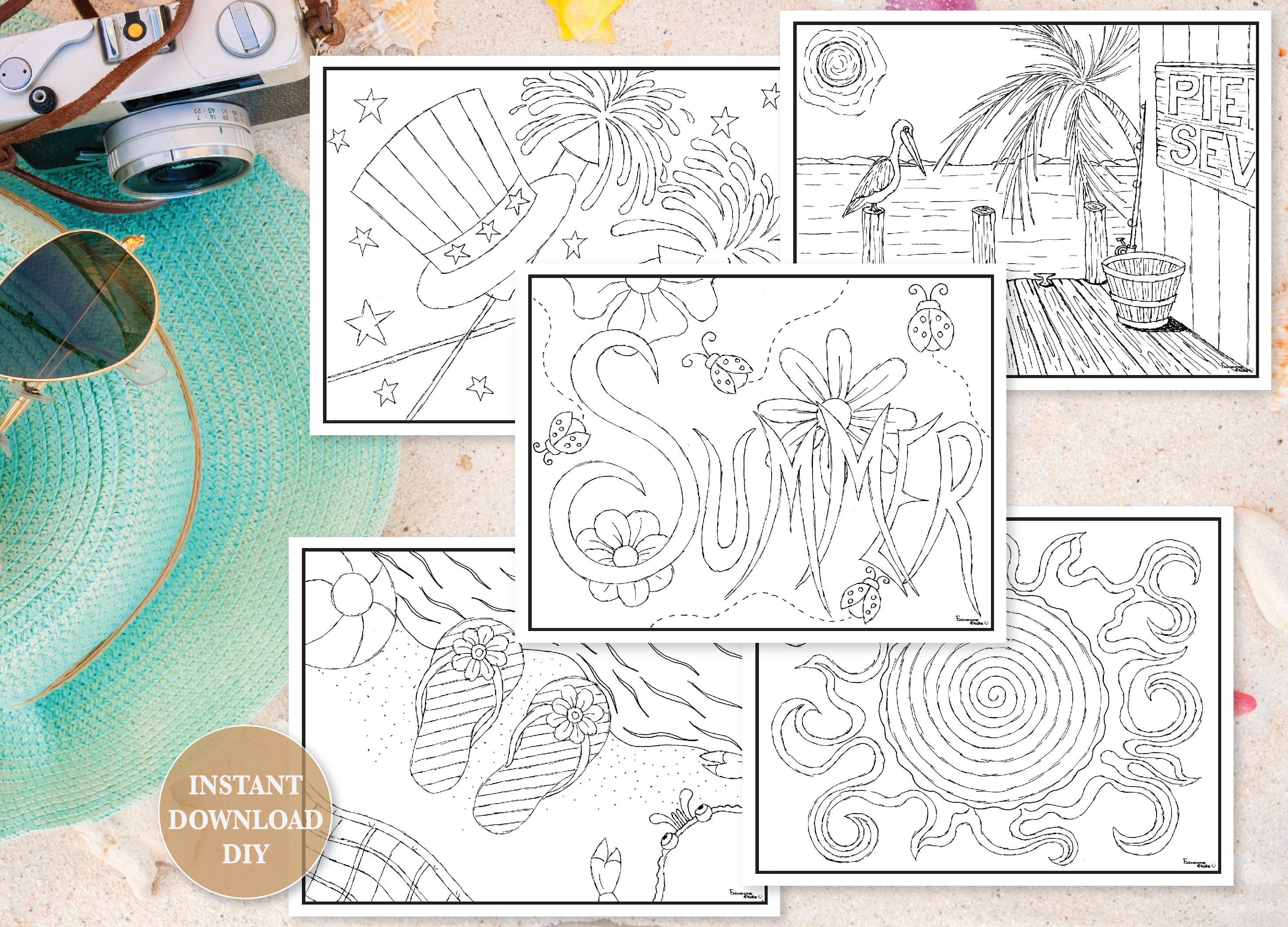 SUMMER SEASON Coloring Pages, 5 Coloring Sheets, Printable, Hand ...