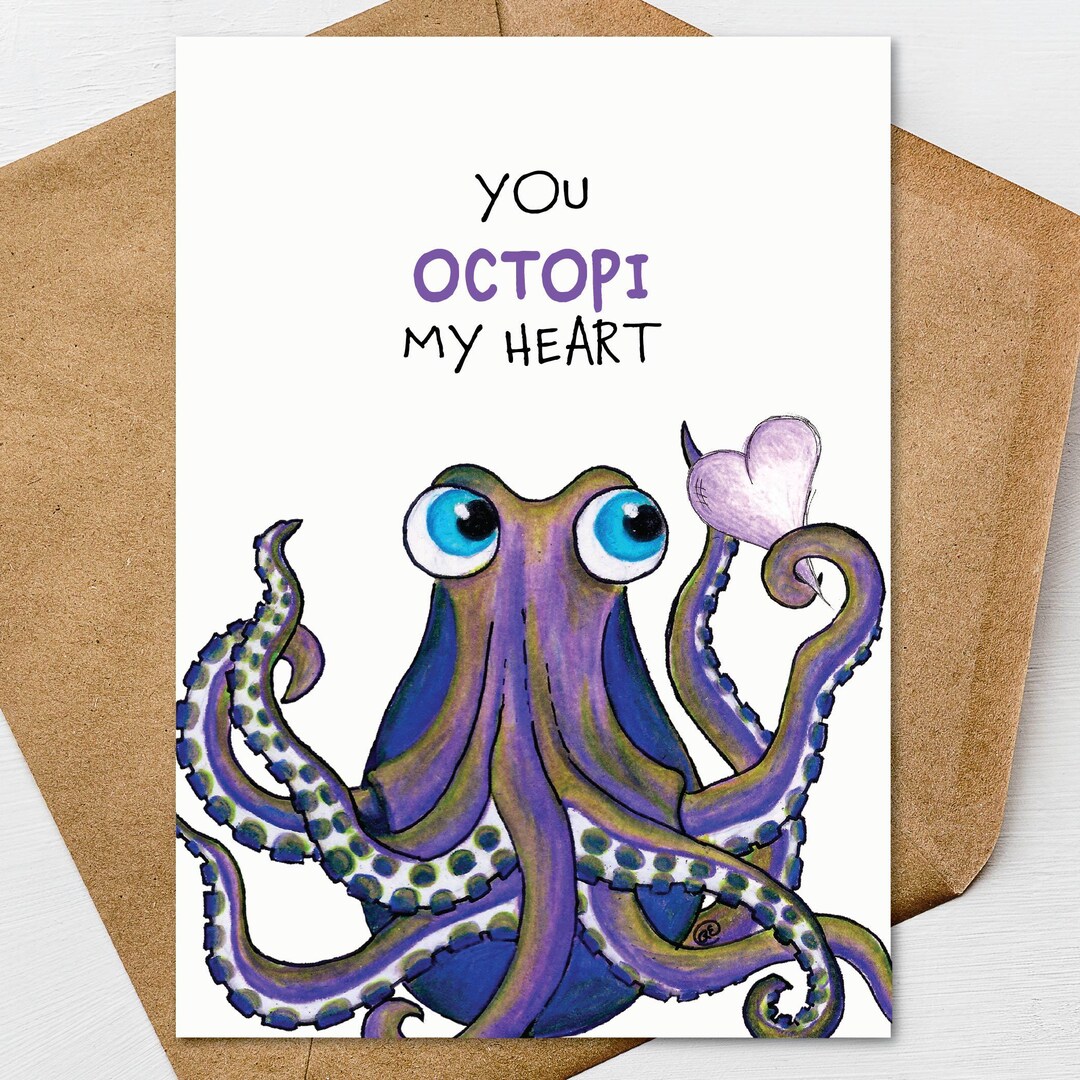 Printable Octopus Valentines Day Greeting Card 5x7 and Envelope - Etsy