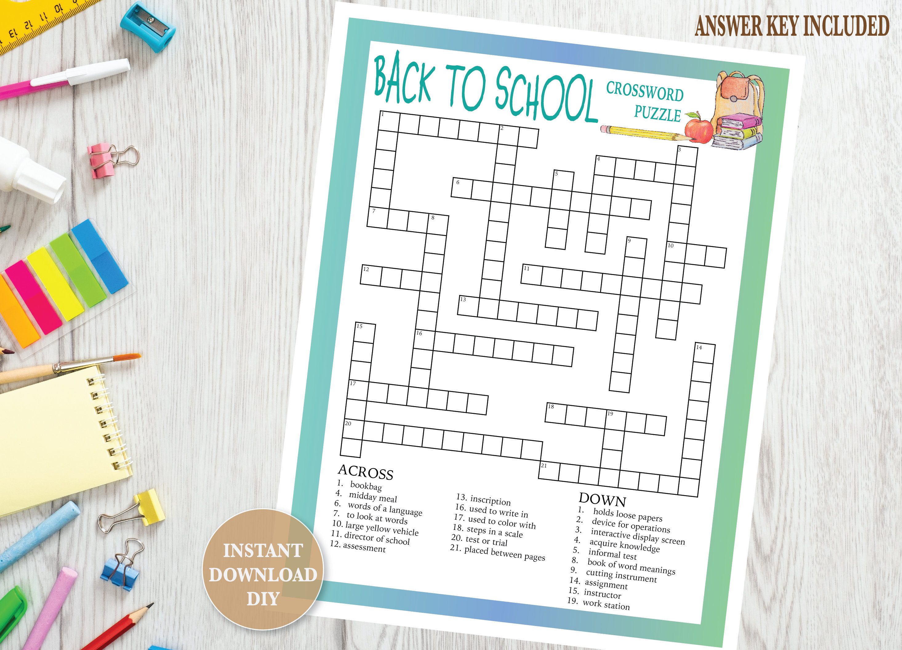 Back to School Crossword Puzzle Printable Game Summer Activity for ...