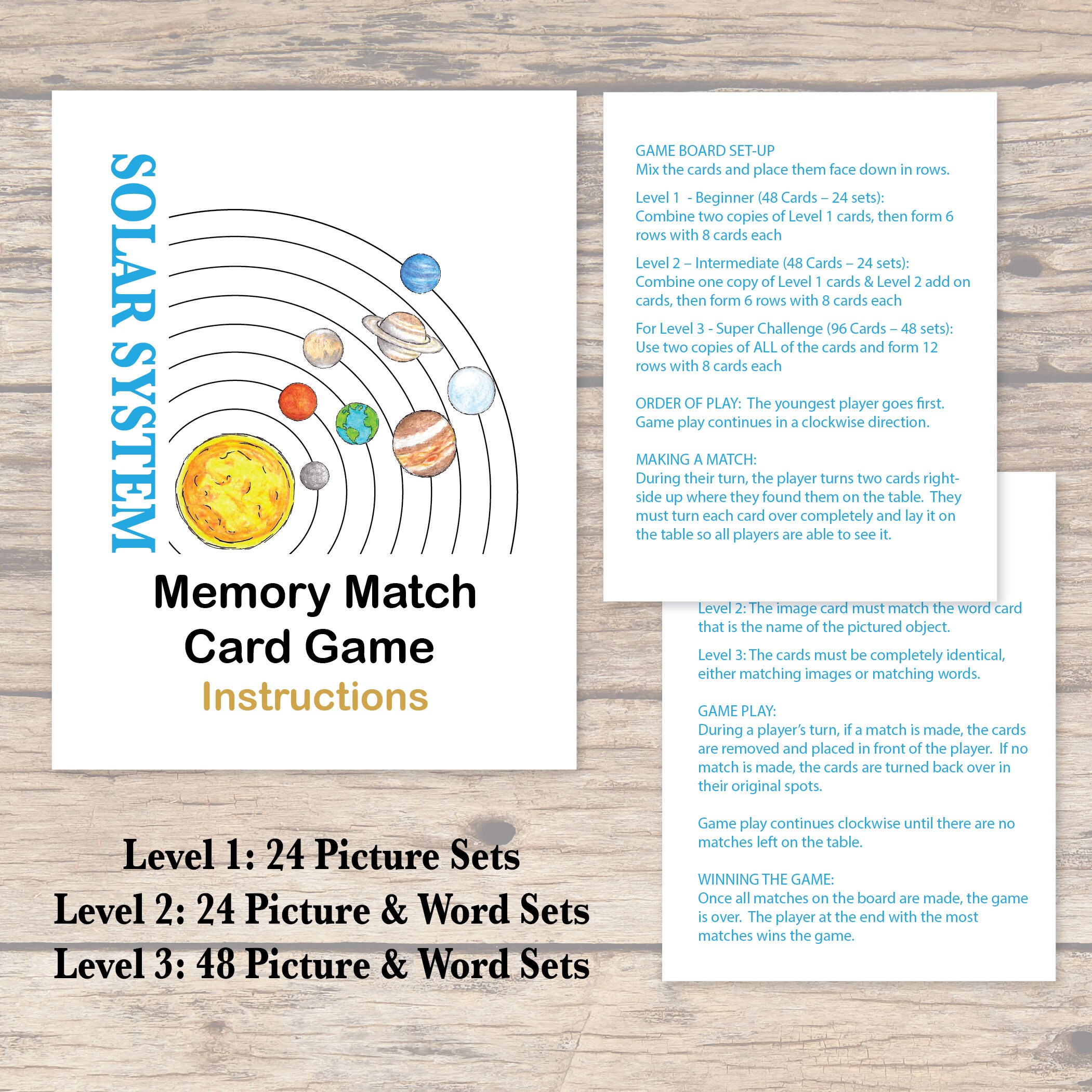 Printable Solar System Concentration Memory Match Card Game, Earth ...