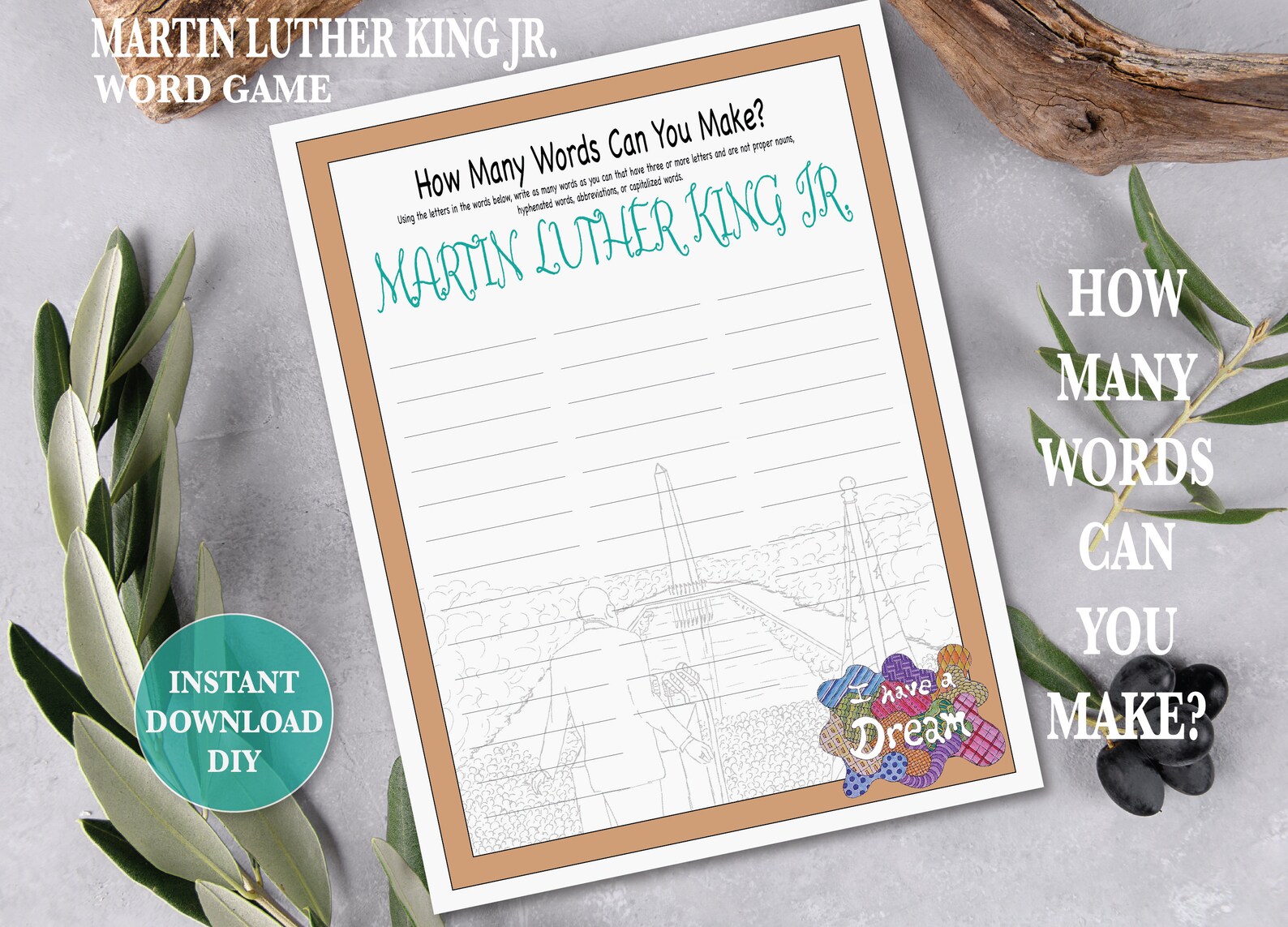 Martin Luther King Jr. How Many Words Puzzle Game Printable MLK Game ...