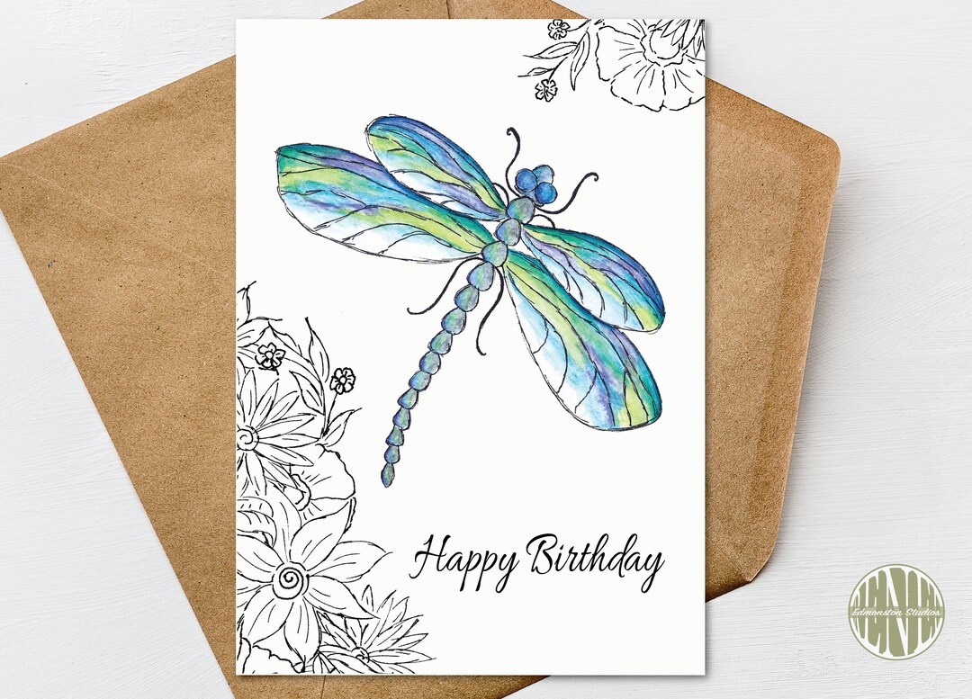 Dragon Fly Birthday Card, Floral Nature Greeting Card, Cute Birthday ...