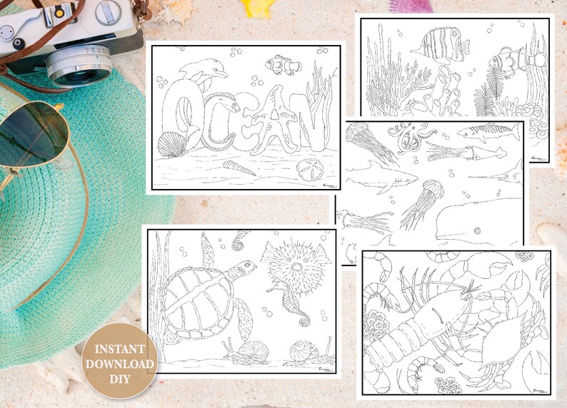 OCEAN Life Coloring Pages, Summer Beach Vibes 5 Coloring Sheets ...